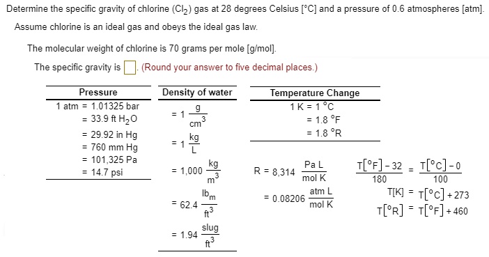 determine the specific gravity of chlorine clz gas at 28 degrees ...