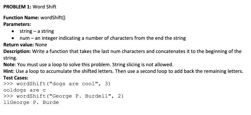 Solved Problem 1 Word Shift Function Name Wordshift Parameters String String Num Integer
