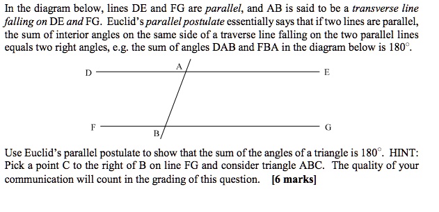 SOLVED: In the diagram below; lines DE and FG are parallel, and AB is ...