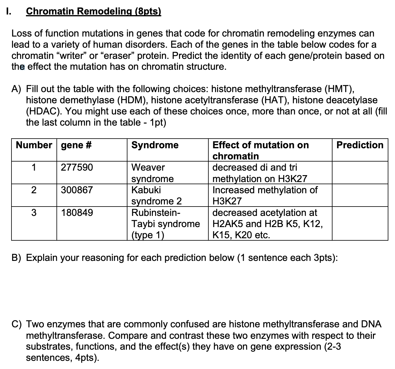 SOLVED: I. Chromatin Remodeling (8pts) Loss of function mutations in genes that code for ...