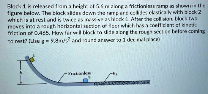 block is released from a height of 56 m along a frictionless ramp as ...