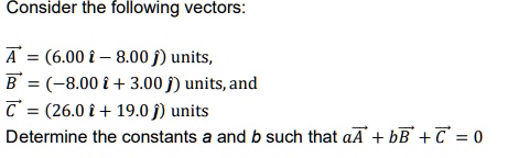 Consider the following vectors: A = (6.00i - 8.00j) units, B = (8.00i + 3.00j) units, and C = 26 ...