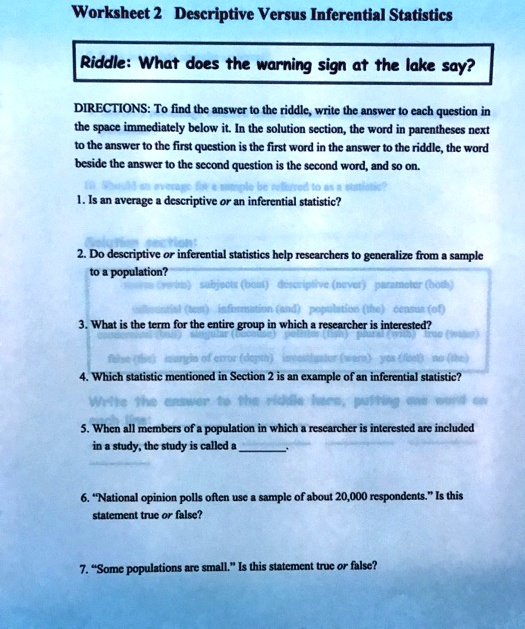 Worksheet 2 Descriptive Versus Inferential Statistics Riddle: What does ...