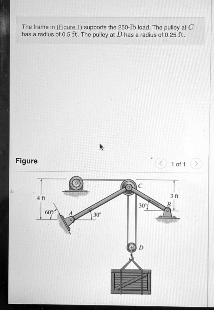 The frame in (Figure 1) supports the 250-1lb load. The pulley at C has ...