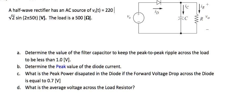 SOLVED: A half-wave rectifier has an AC source of v(t) = 220âˆš2 sin(2Ï€50t) [V]. The load is a ...