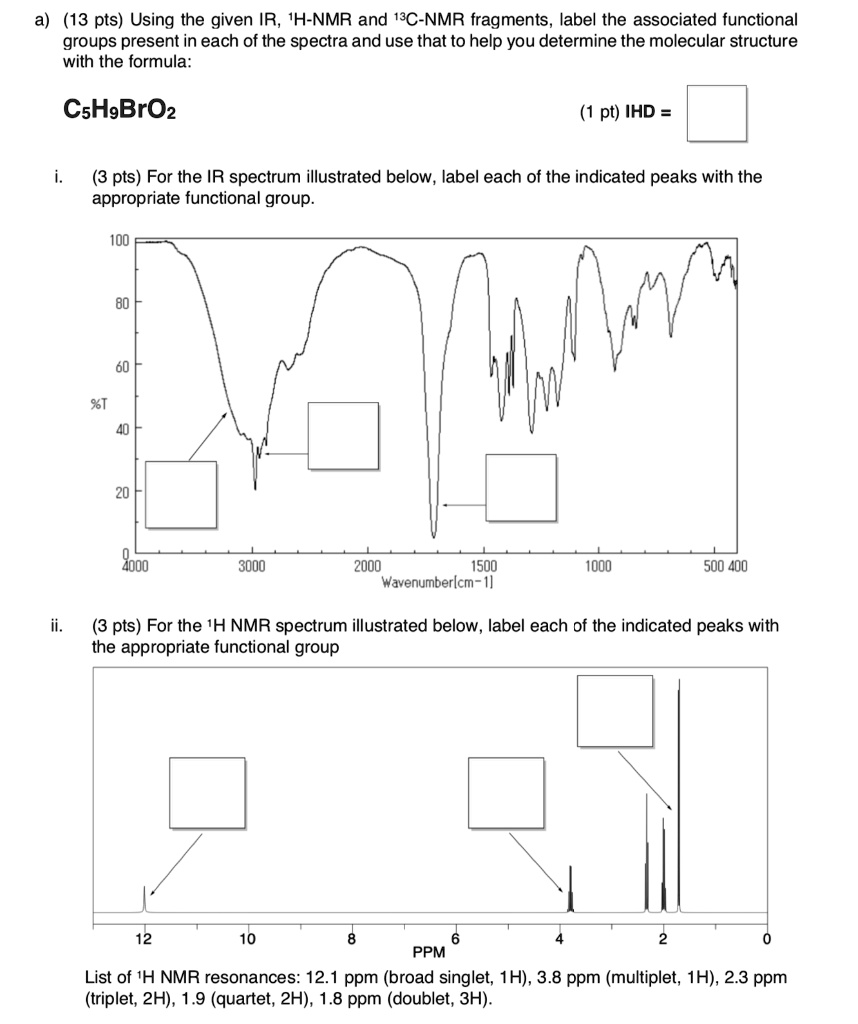 SOLVED: Using the given IR, 'H-NMR and 13C-NMR fragments, label the ...