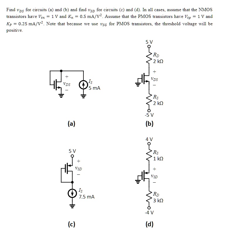 Find vDS for circuits (a) and (b) and find vSD for circuits (c) and (d ...