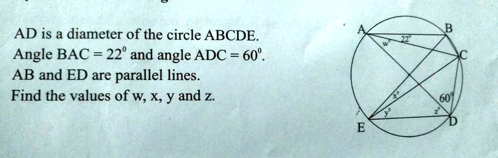 AD is a diameter of circle ABCDE. Angle BAC = 22Â° and angle ADC = 60Â ...
