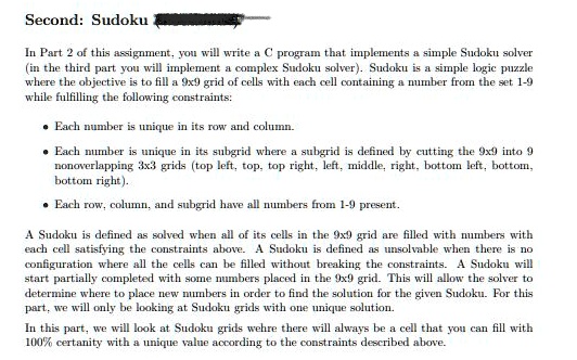 Solved Second Sudoku In This Assignment You Will Write A Program That Implements A Simple 0070