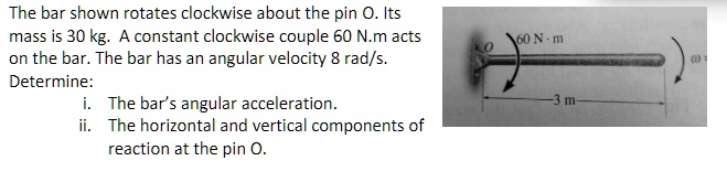 SOLVED: The bar shown rotates clockwise about the pin O. Its mass is 30 ...