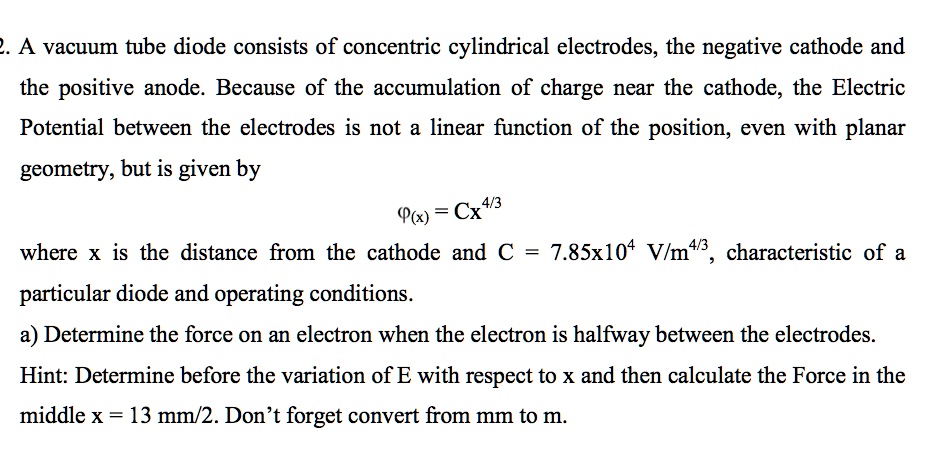 A Vacuum Tube Diode Consists Of Concentric Cylindrical Electrodes The