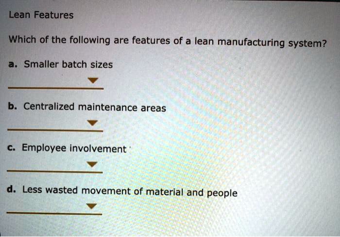 SOLVED: Which of the following are features of a lean manufacturing ...