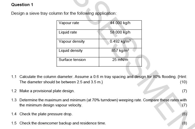 Design a sieve tray column for the following application: Vapour rate ...