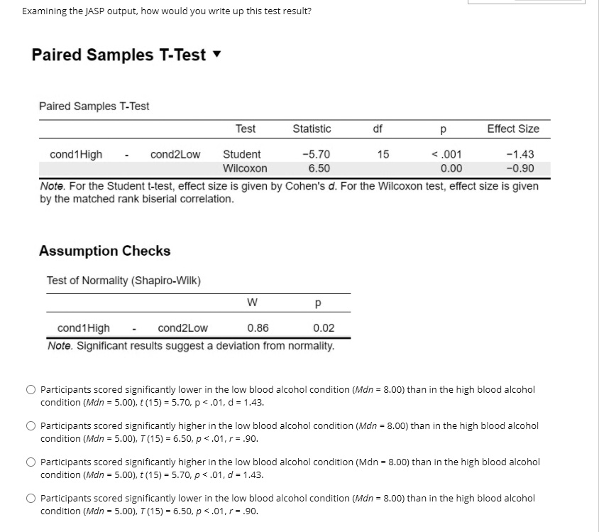 SOLVED: Examining the JASP output; now would you write up this test ...