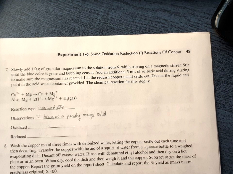 SOLVED:Some Oxidation-Reduction (?) Reactions Of Copper 45 Experiment ...