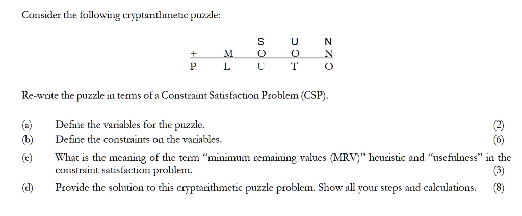Consider the following cryptarithmetic puzzle: S U N + M O O N ...