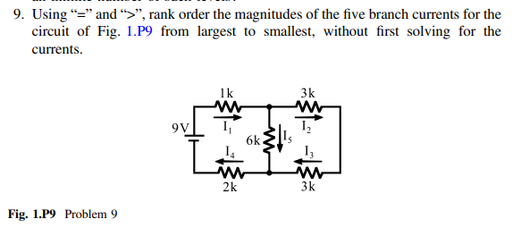 SOLVED: 9. Using "=" and " > ", rank order the magnitudes of the five branch currents for the ...