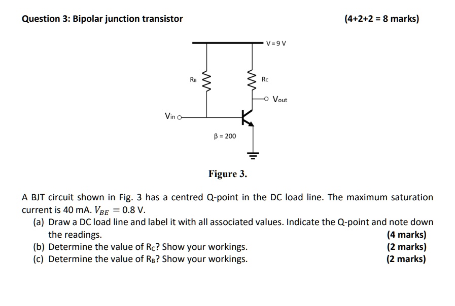 Question 3: Bipolar junction transistor (4+2+2 = 8 marks) RB Rc Vin ? = 200 V=9V Vout Figure 3 ...