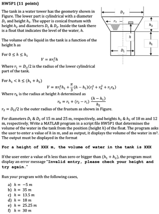 Please create a MATLAB code and post it HW5P1 (11 points) The tank in a ...