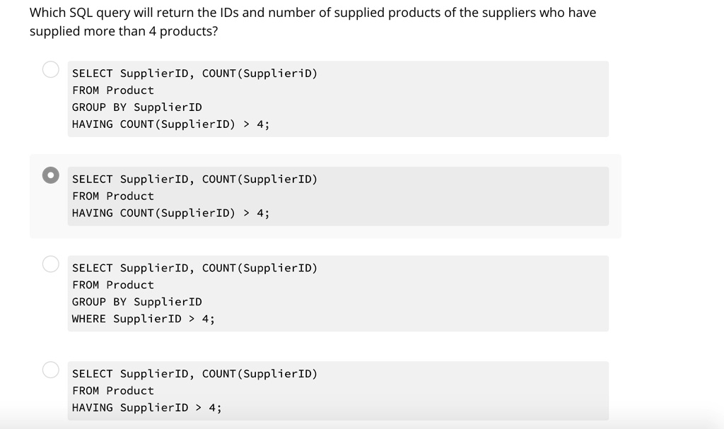 Which SQL query will return the IDs and number of supplied...