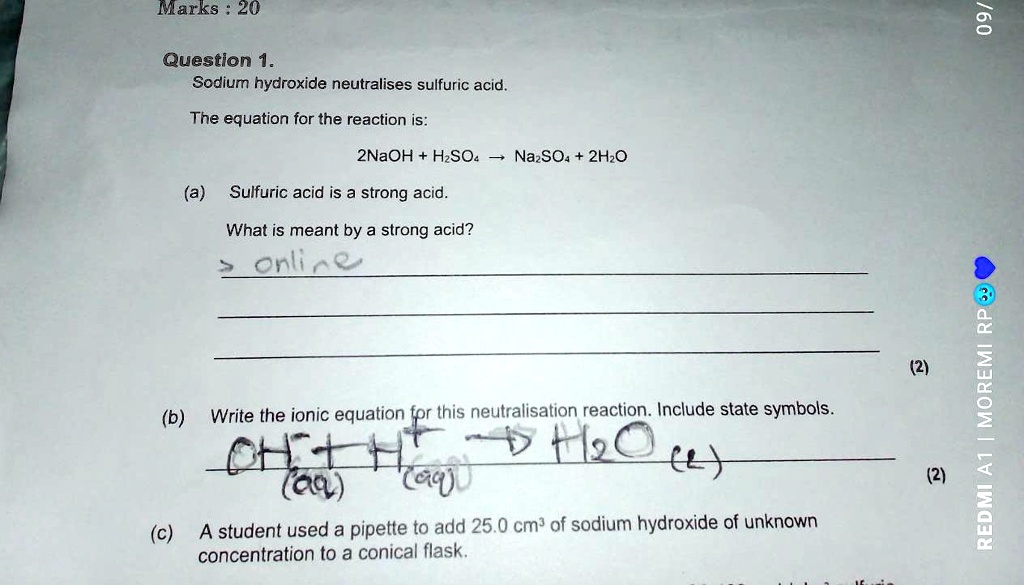 SOLVED: Question 1. Sodium hydroxide neutralizes sulfuric acid. The equation for the reaction is ...