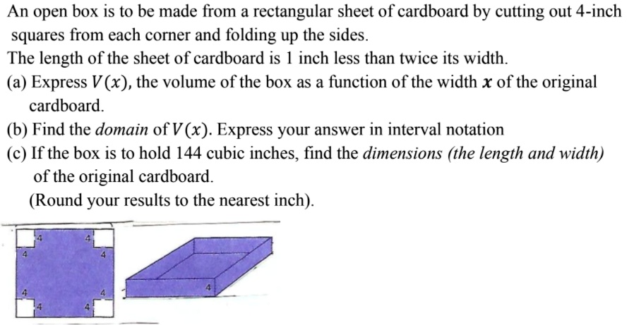 An open box is to be made from a rectangular sheet of cardboard by ...