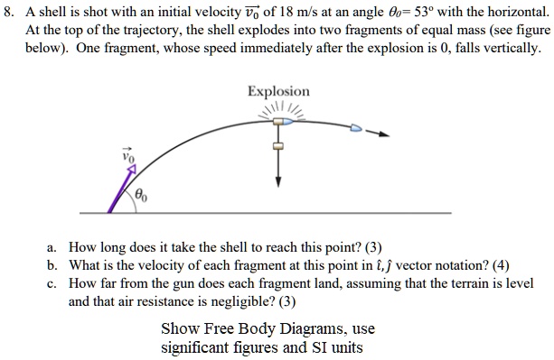 SOLVED: A shell is shot with an initial velocity Vo of 18 m/s at an angle 0- 53" with the ...