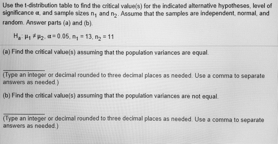 Use the t-distribution table to find the critical value(s) for the indicated alternative ...