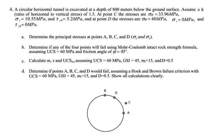 SOLVED: A circular horizontal tunnel is excavated at a depth of 800 ...
