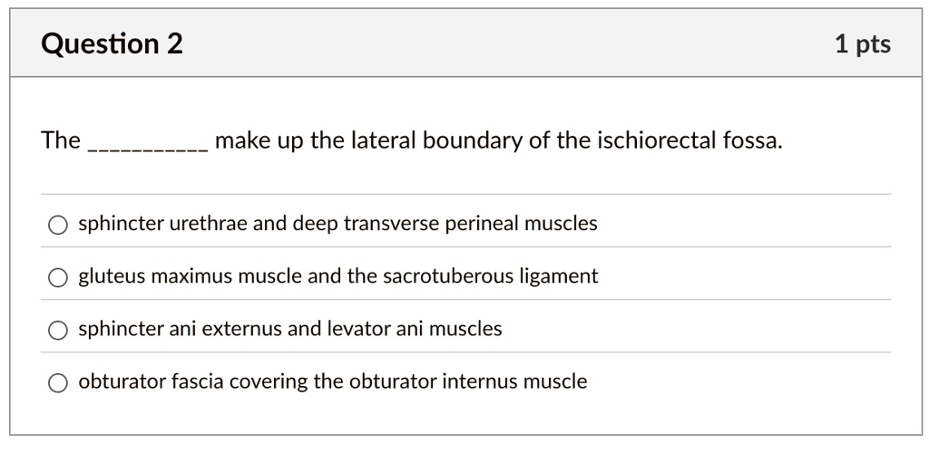question 2 the make up the lateral boundary of the ischiorectal fossa ...