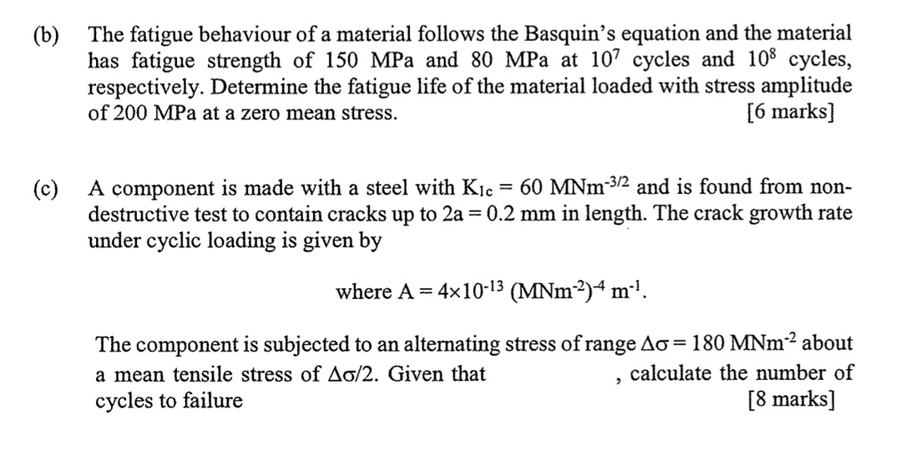(b) The fatigue behaviour of a material follows the Basquin's equation ...