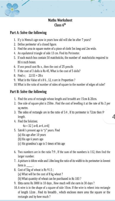 Maths Worksheet Class 6^th Part A: Solve the following 1. If y is Meena's age now in years how ...