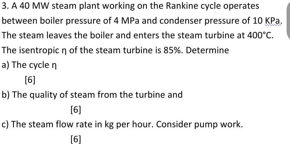 SOLVED: A 40 MW steam plant working on the Rankine cycle operates ...