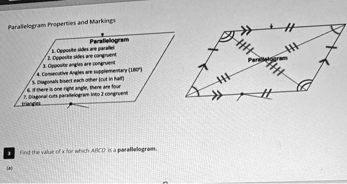 Parallelogram Properties and Markings Parallelogram 1. Opposite sides are parallel 2. Opposite ...