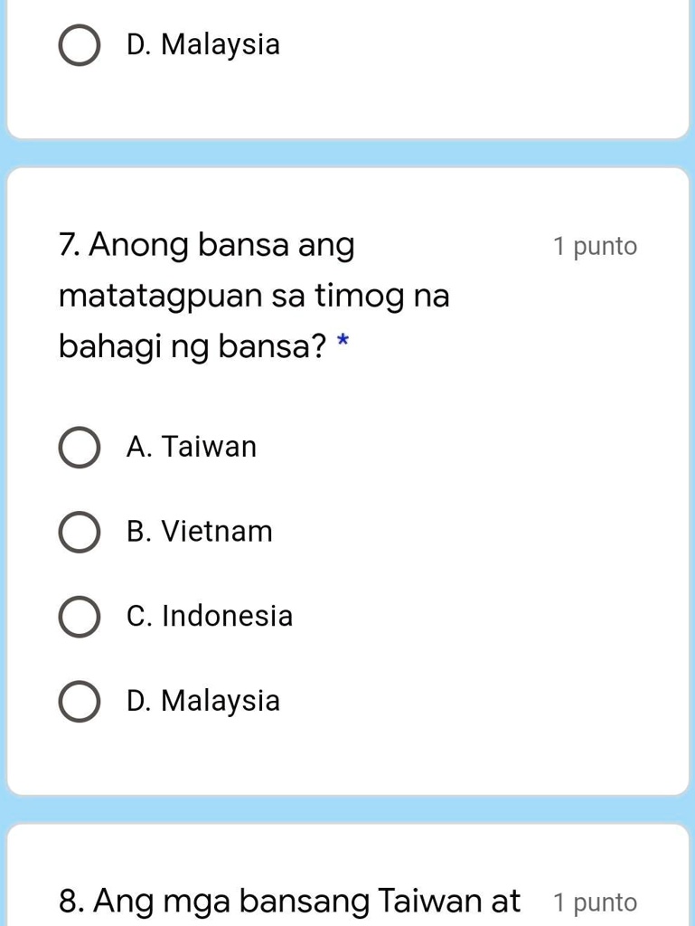 answer number 7 only pls d malaysia 7anong bansa ang matatagpuan sa ...
