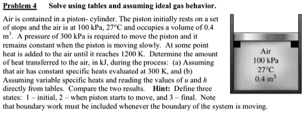 SOLVED: Problem 4 Solve using tables and assuming ideal gas behavior. Air is contained in a ...