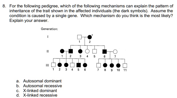 8. For the following pedigree, which of the following mechanisms can explain the pattern of ...