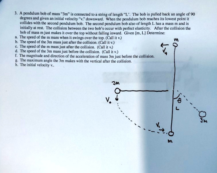 SOLVED: A pendulum bob of mass 3m" is connected t0 string of length "L' The bob is pulled back ...