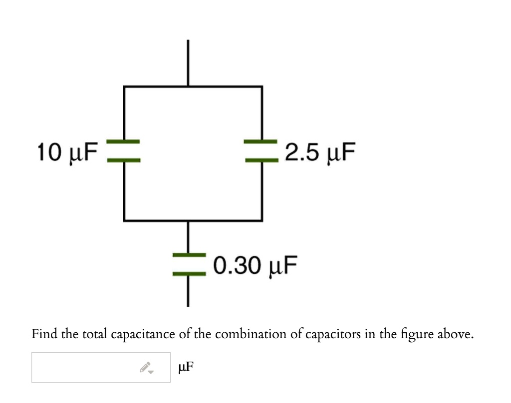 SOLVED: 2.5 uF 10 uF 0.30 UF Find the total capacitance of the combination of capacitors in the ...