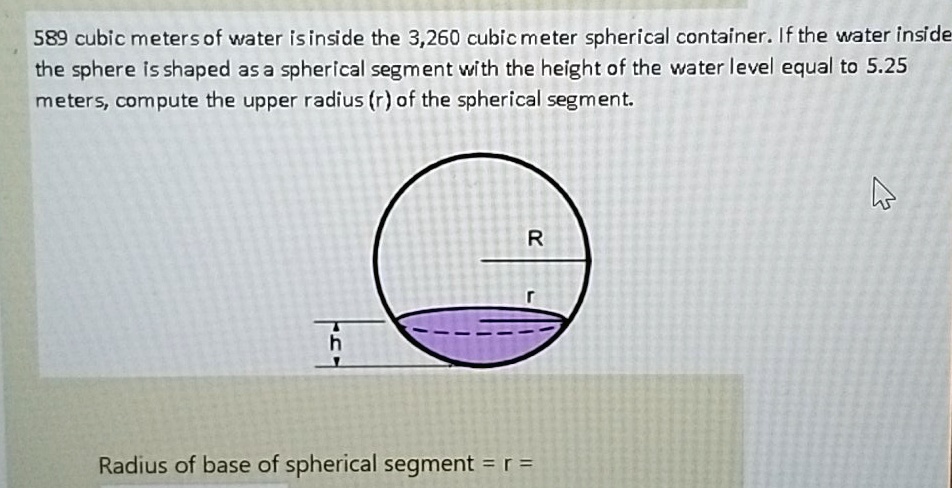 SOLVED: 'help please 589 cubic metersof water isinside the 3,260 ...