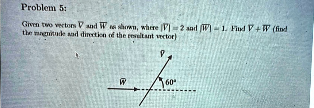 SOLVED: Problem 5: Given two vectors ( arV) and ( arW) as shown, where (|| arV||=2) and (|| arW ...