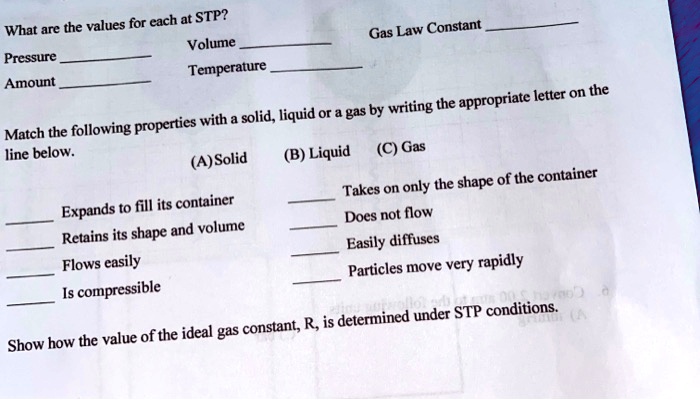 stp what are the values for each at volume pressure temperature amount ...
