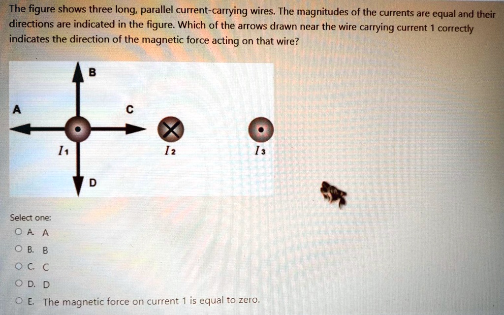 The figure shows three long, parallel current-carrying wires. The ...