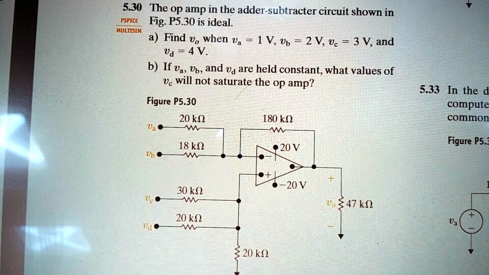 Solved 530 The Op Amp In The Adder Subtracter Circuit Shown In Pspice Figp530 Is Ideal
