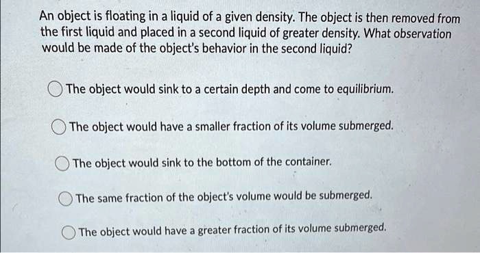 SOLVED: An object is floating in a liquid of a given density. The object is then removed from ...