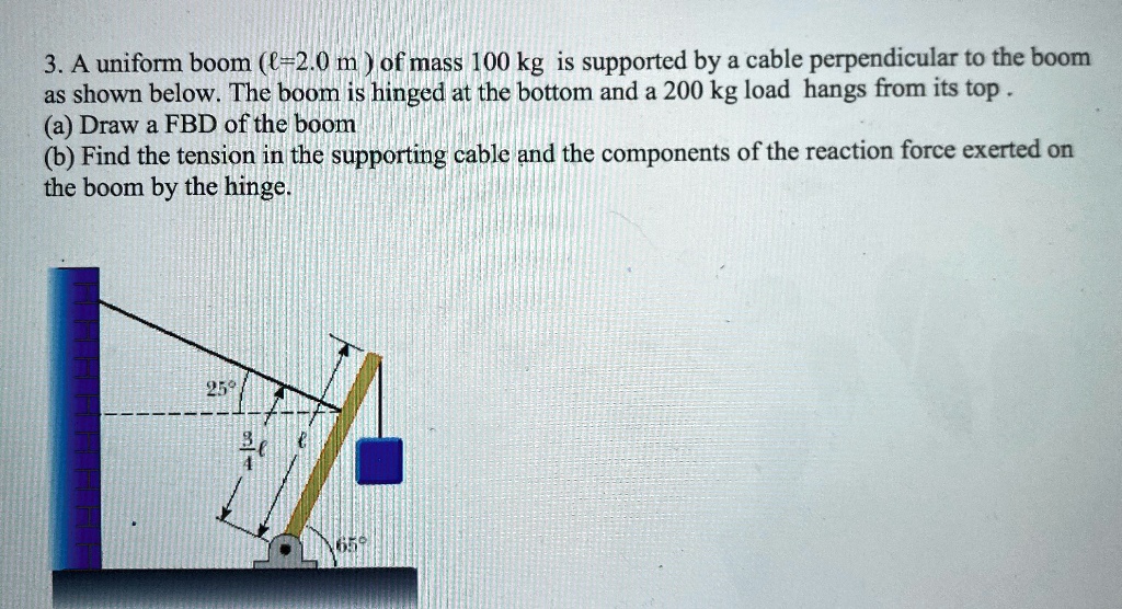 3 a uniform boom 20 m of mass 100 kg is supported by a cable ...