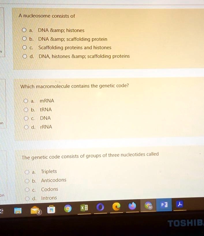 A nucleosome consists of a. DNA amp; histones b. DNA amp; scaffolding protein c. Scaffolding ...