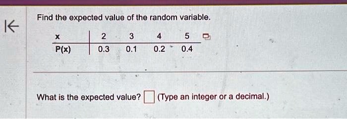 SOLVED: Find the expected value of the random variable KF x P(x) 2 0.3 3 0.1 4 0.2 5 0.4 What is ...