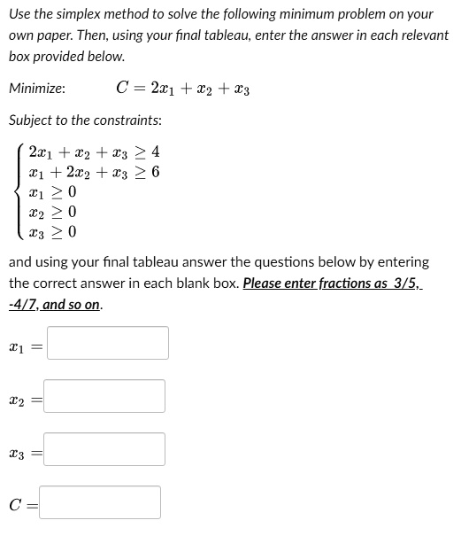 Use the simplex method to solve the following minimization problem on your own paper. Then ...