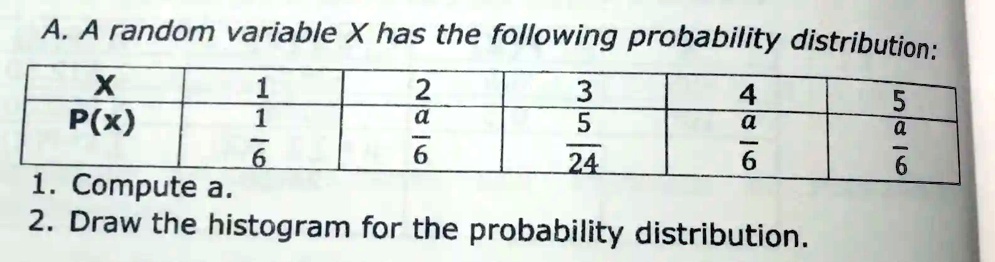 SOLVED: A. A random variable X has the following probability distribution: X 2 3 a 5 P(x) 1 a 5 ...